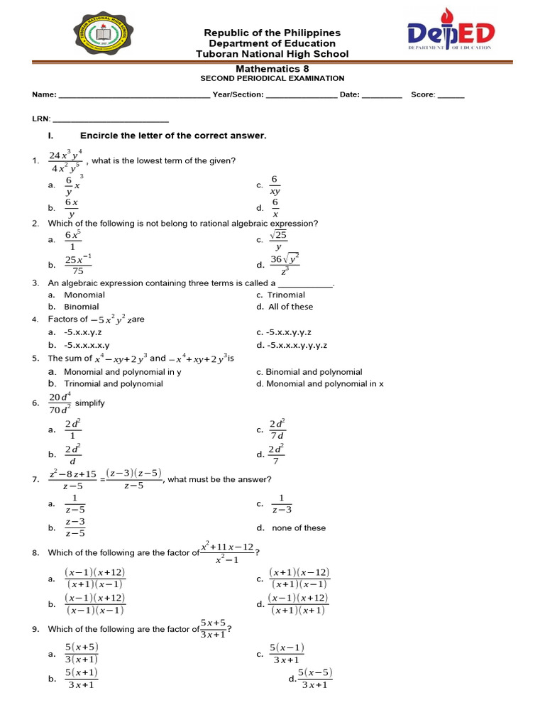 Mathematics 8 Periodical Exam Guide | PDF | Cartesian Coordinate System ...