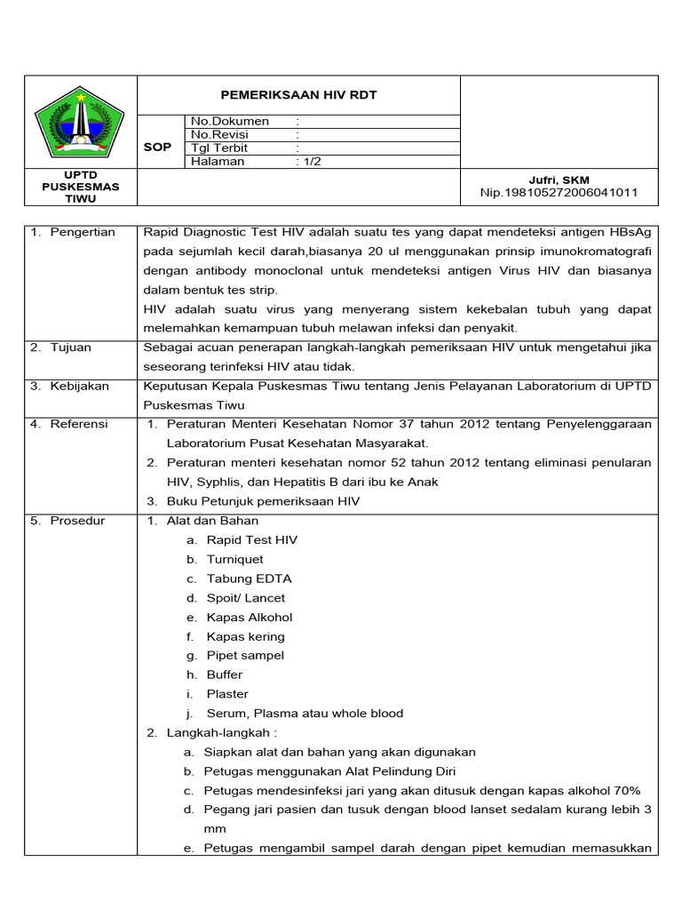 3.9.1.c SOP PEMERIKSAAN HIV RDT | PDF