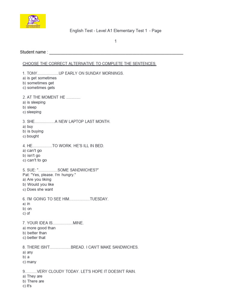 Examen de Ingles Nivel Basico | PDF