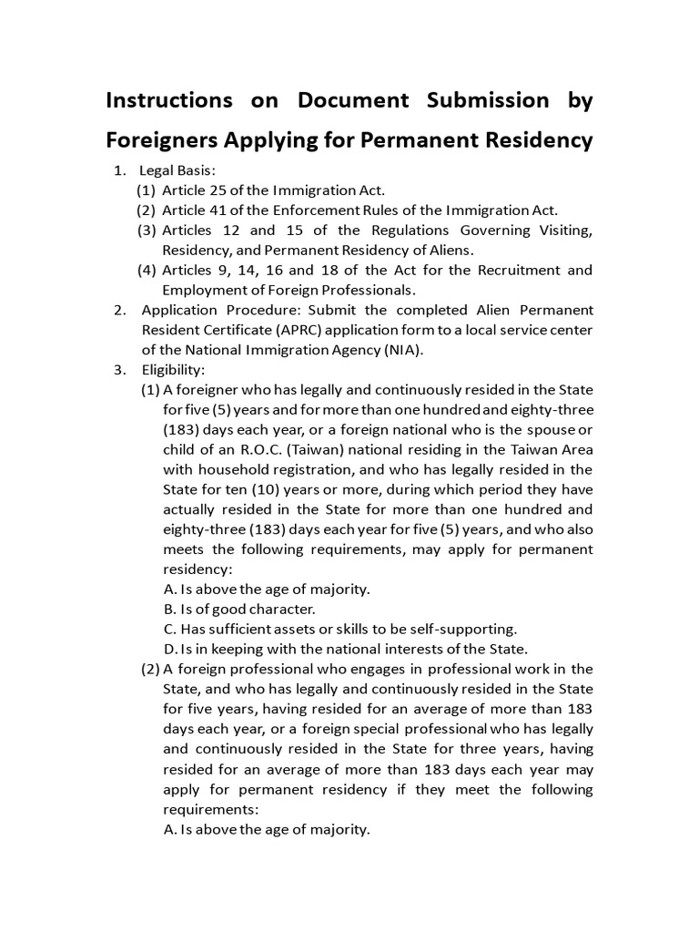 Instructions On Document Submission by Foreigners Applying For Permanent Residency111815 | PDF ...