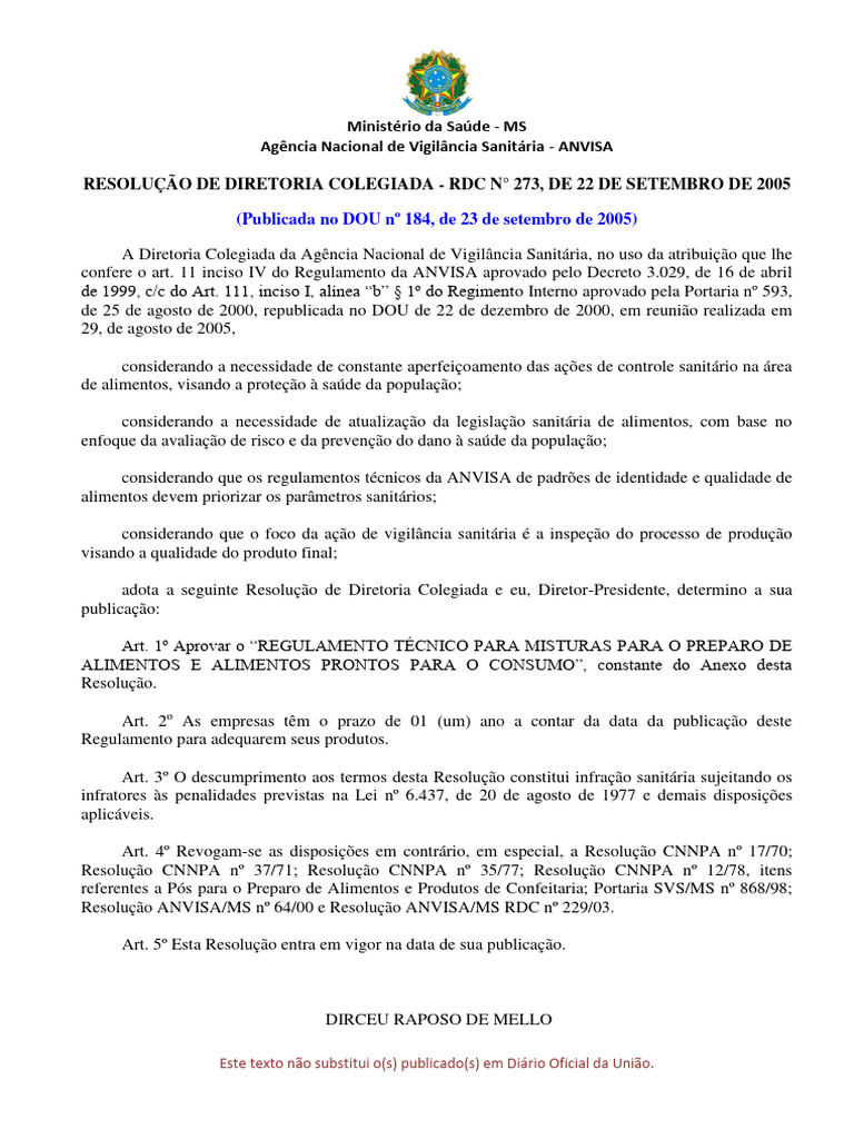 RDC_273_2005-REGULAMENTO TÉCNICO PARA MISTURAS PARA O PREPARO DE ALIMENTOS E ALIMENTOS PRONTOS ...