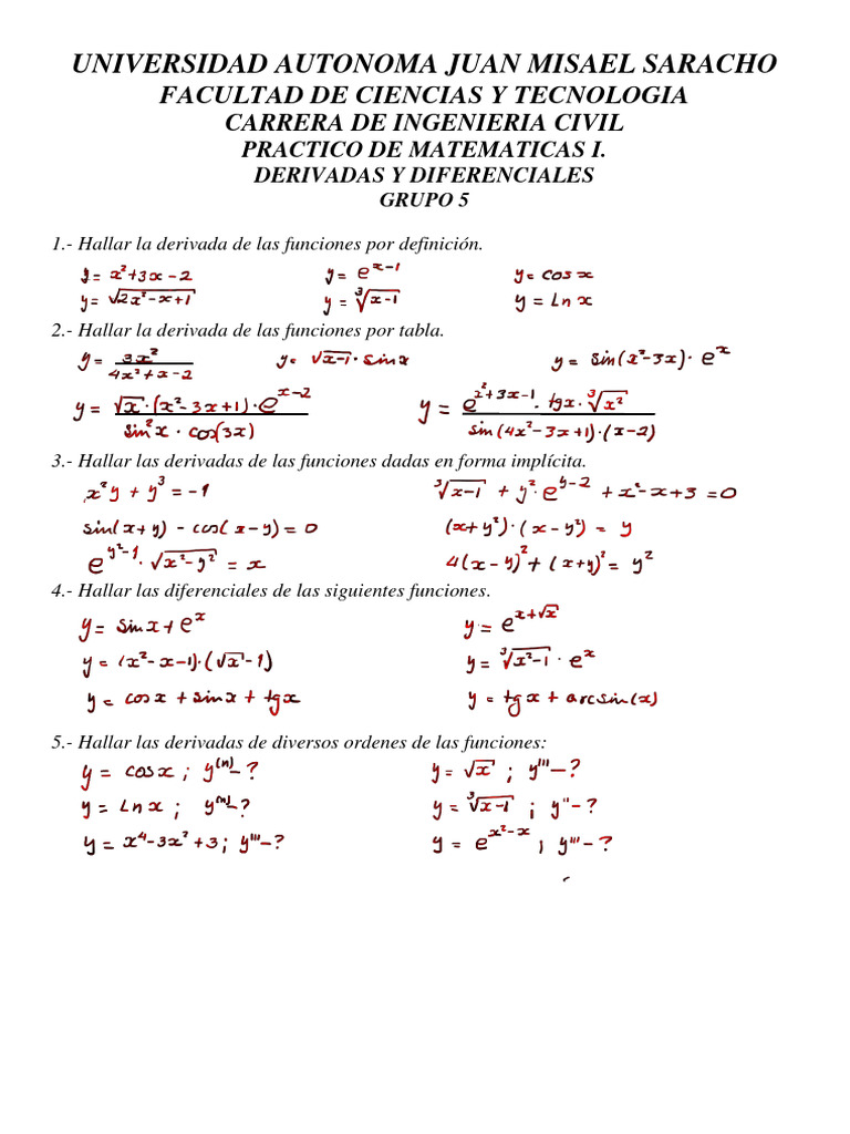 Practico de Derivadas. Ing Civil | PDF