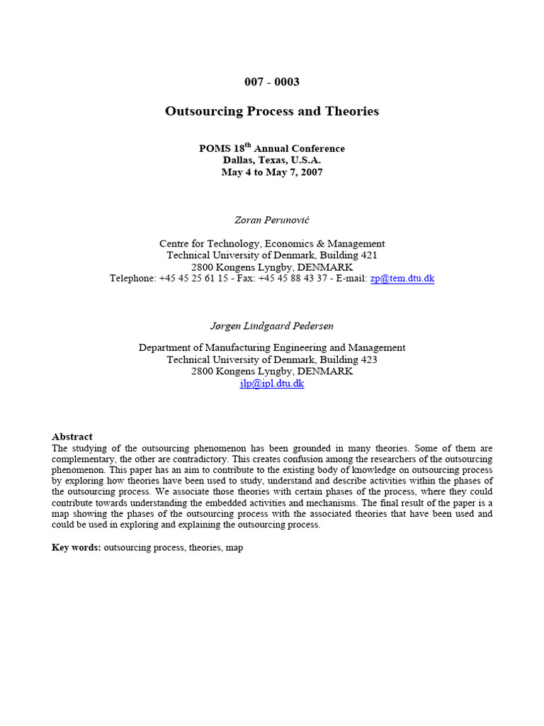 Outsourcing Process And Theories Pdf Outsourcing Economics