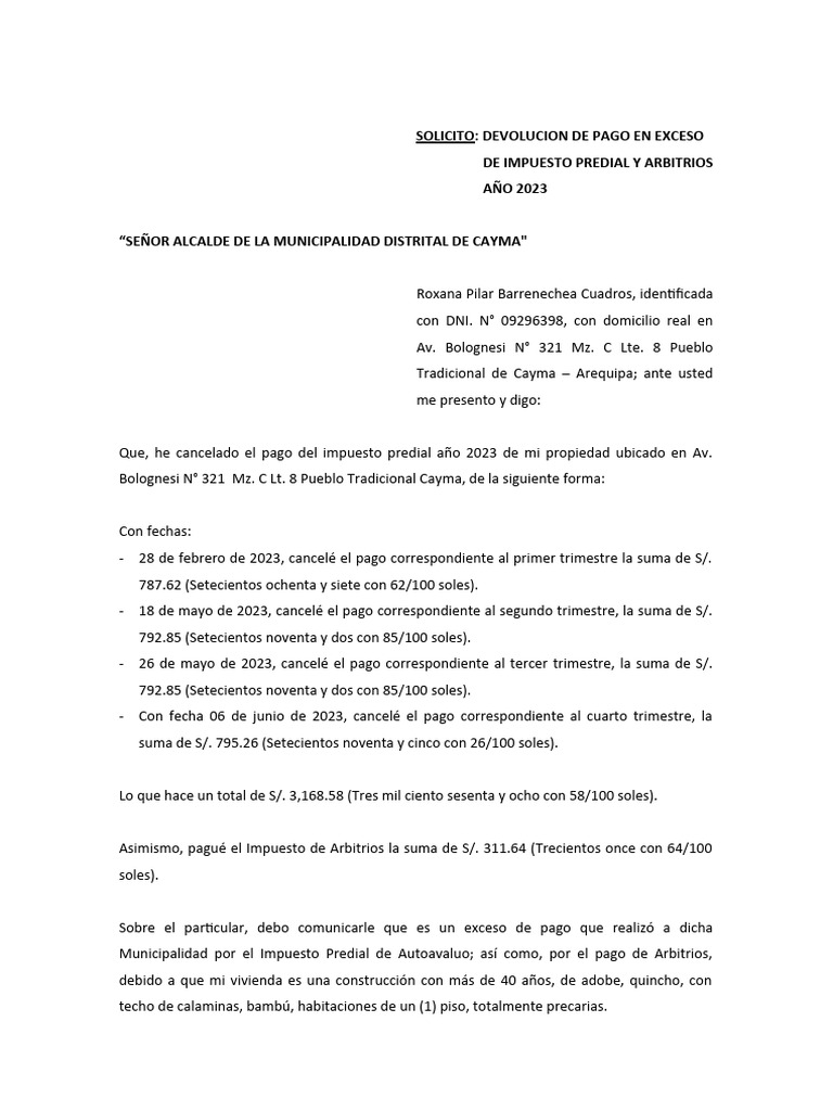 Solicitud Cayma Roxana | PDF