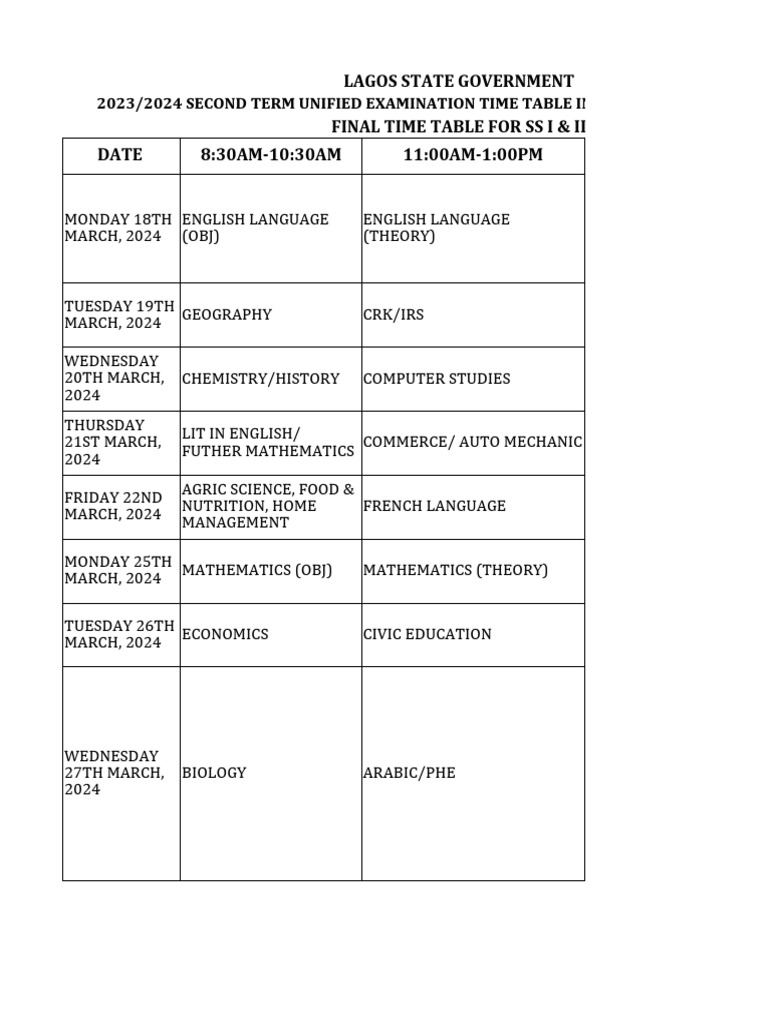 Updated Final Timetable For 2024 Second Term Unified Exams | PDF ...