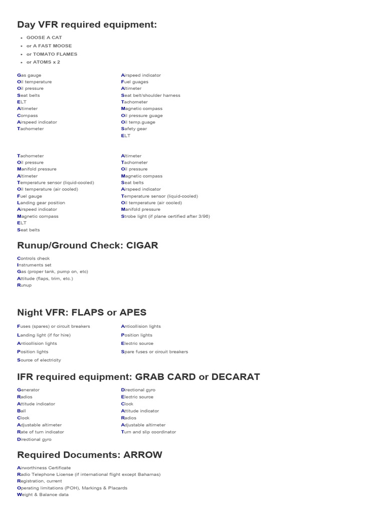Aviation Acronyms and Mnemonics | PDF | Instrument Flight Rules | Aviation