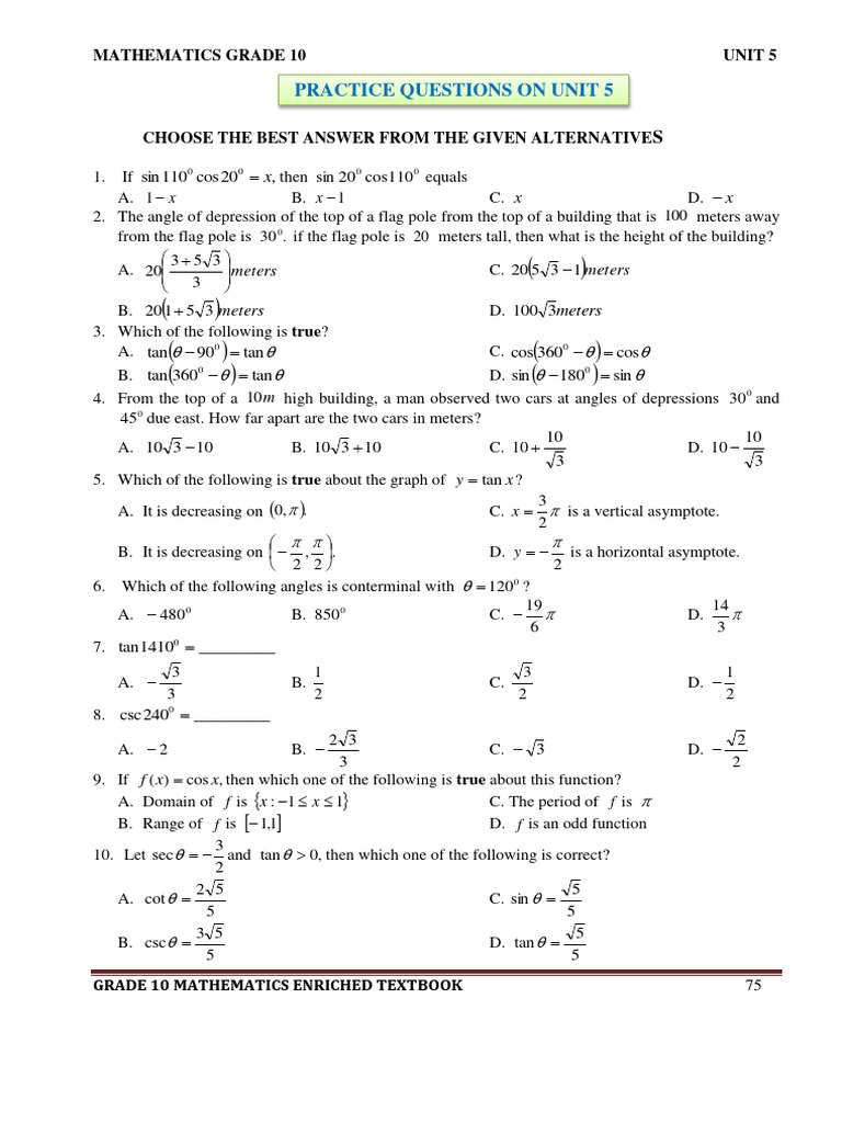 G 10 Maths unit 5 exercise | PDF | Trigonometric Functions | Elementary Mathematics