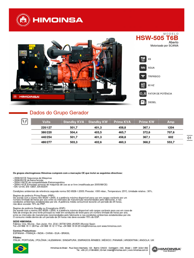 Gerador HSW 505 T6B K9 Himoinsa Brasil (Data Sheet) BR | PDF | Motores ...