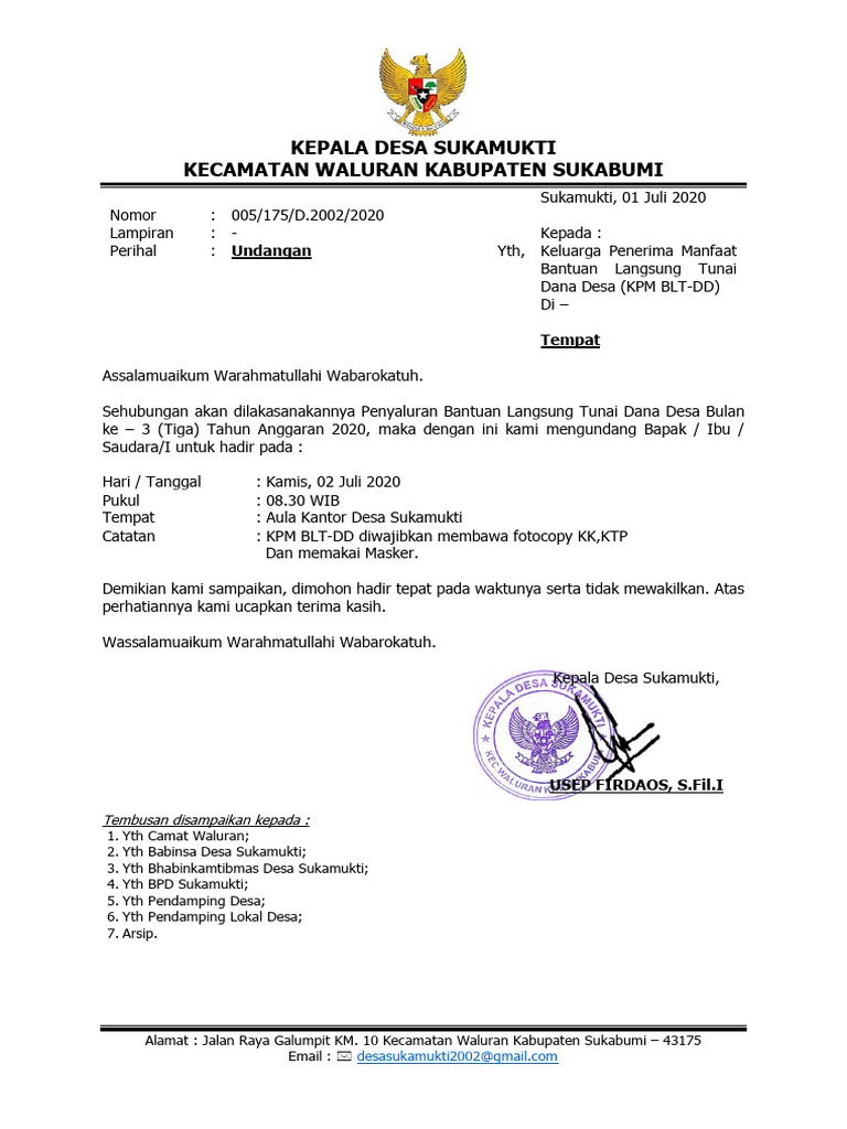 Surat Undangan Pembagian BLT DD 2020 | PDF