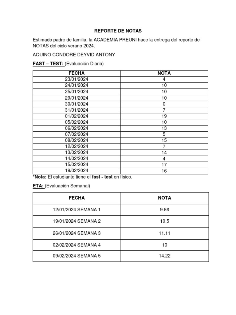 Reporte de Notas Verano 2024 | PDF