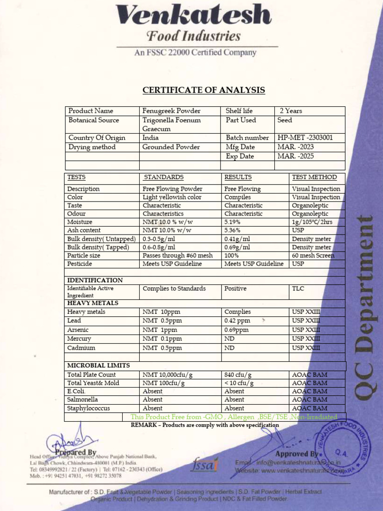 COA of Fenugreek Powder HP-MET-2303001 | PDF | Materials