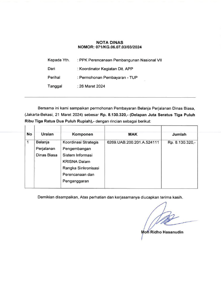 Permohonan Pembayaran Belanja Perjalanan Dinas Biasa, Jakarta - Bekasi (21 Maret 2024) - TUP | PDF