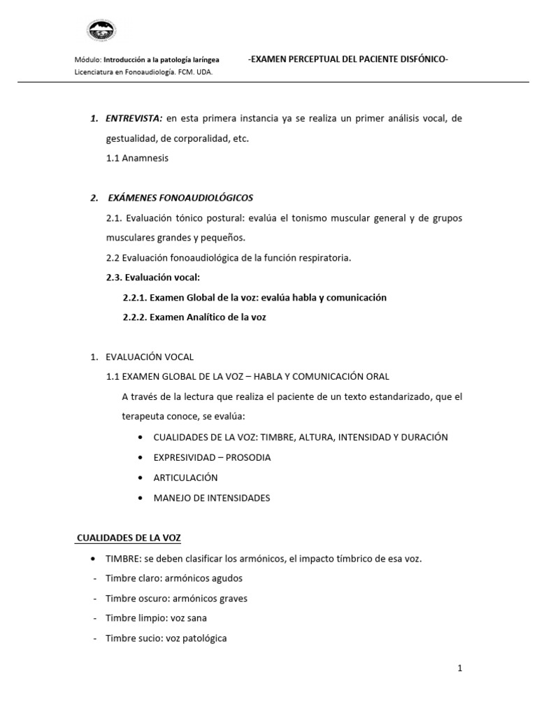 Examen Del Paciente Disfónico Global y Analítico | PDF | Sonido | Laringe