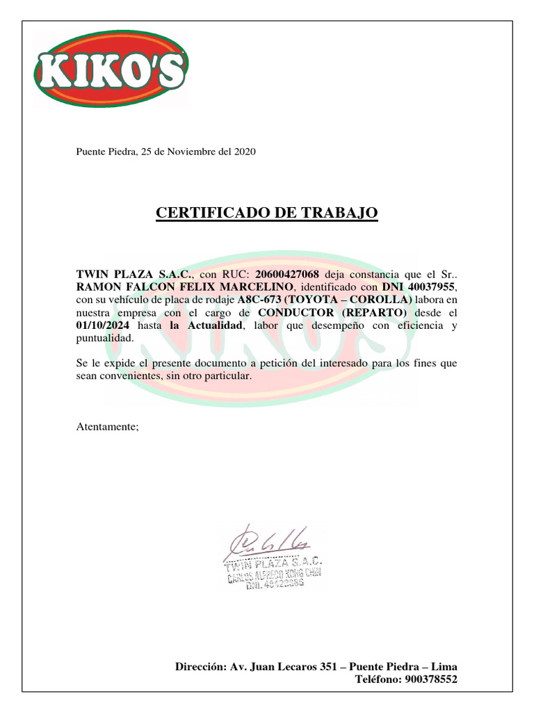 CERTIFICADO Kiko 77 | PDF