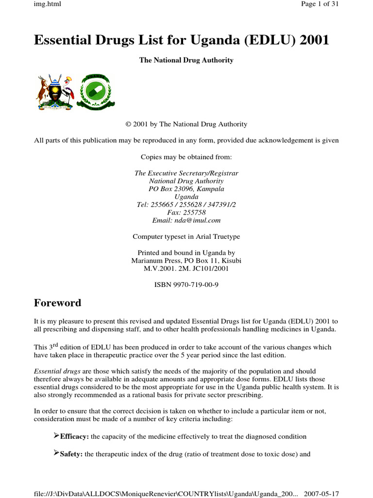 EDL Uganda 2001 | PDF | Morphine | Antimicrobial Resistance