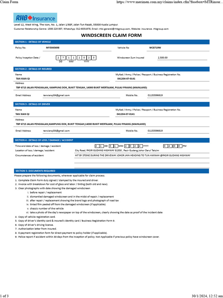 Claim Form - WX8719W | PDF