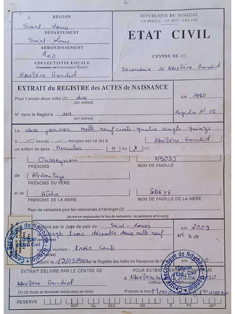 Extrait de Naissance Mbodj | PDF