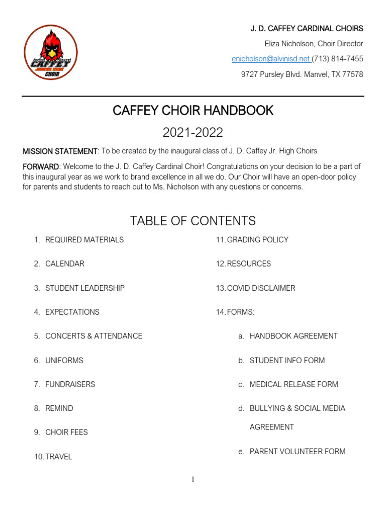 Caffey Jr. High Choir Handbook 2021-2022 | PDF | Language Arts ...