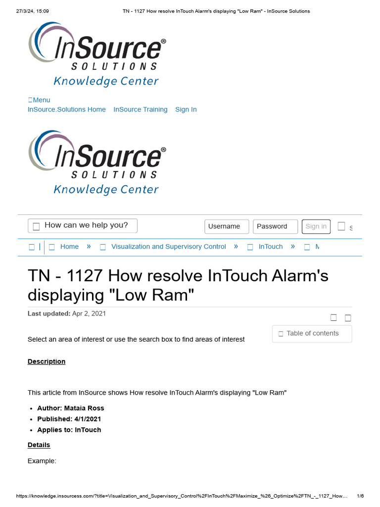 TN - 1127 How Resolve InTouch Alarm's Displaying - Low Ram - InSource ...