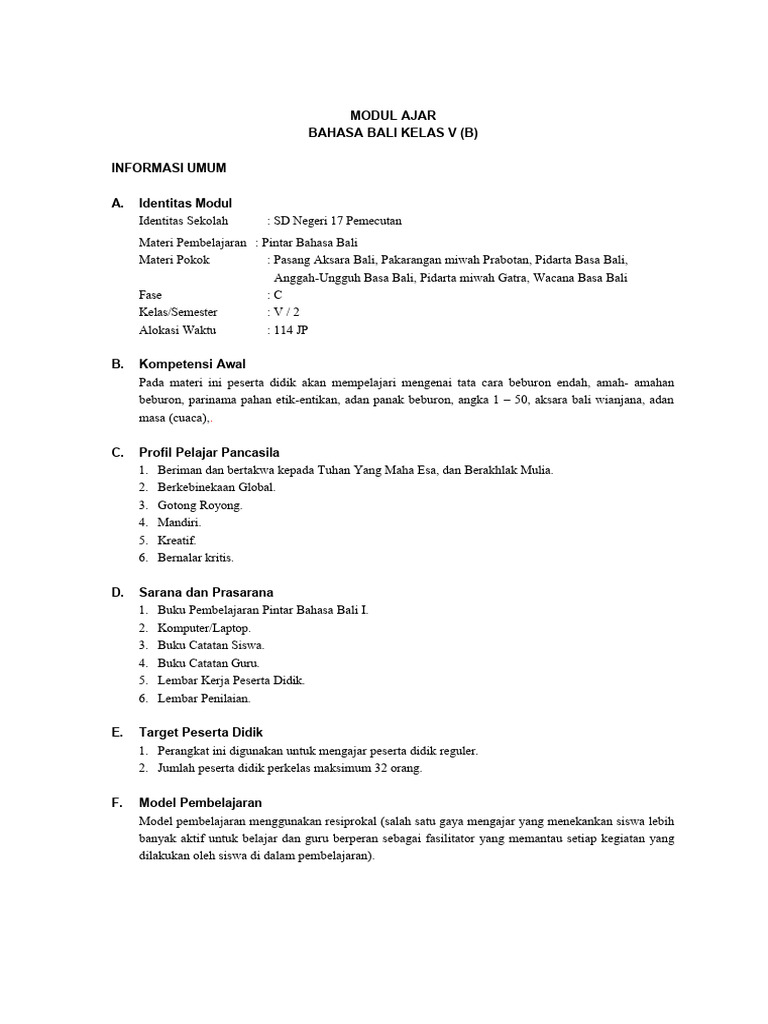 Modul Ajar BHS Bali Kelas 5 Upload PMM | PDF