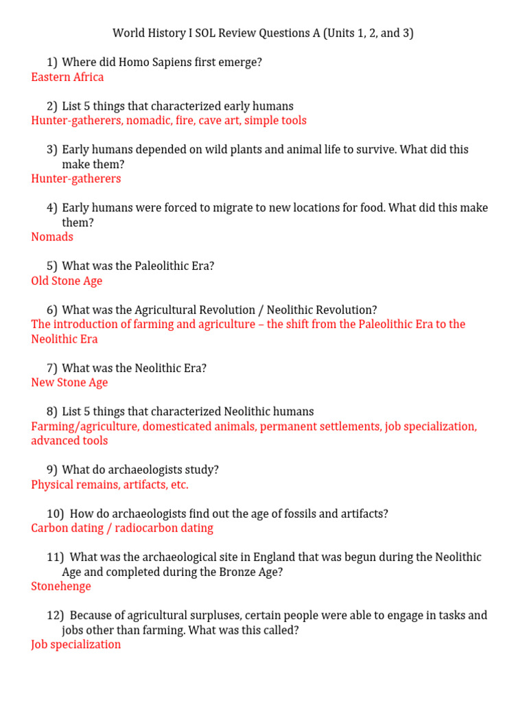 World History I SOL Review Questions | PDF | Neolithic | Paleolithic