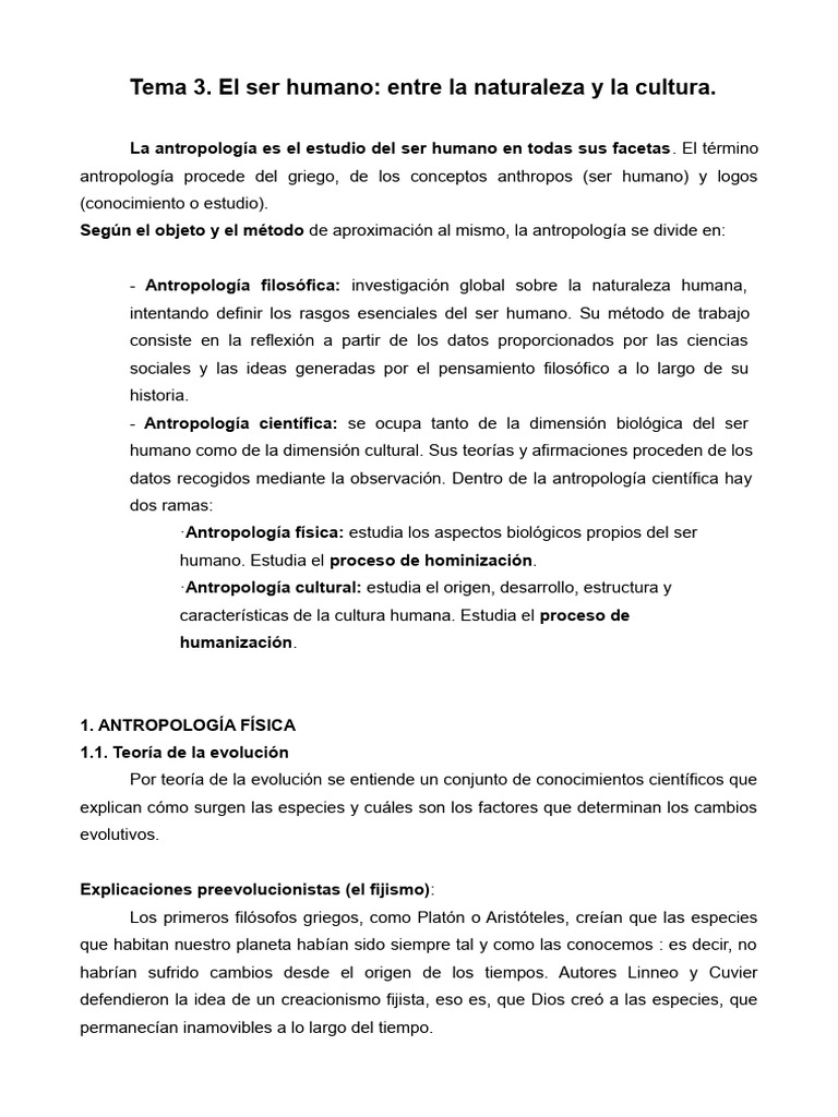 Tema 3. Ser Humano. Naturaleza y Cultura. | PDF | Evolución | Antropología