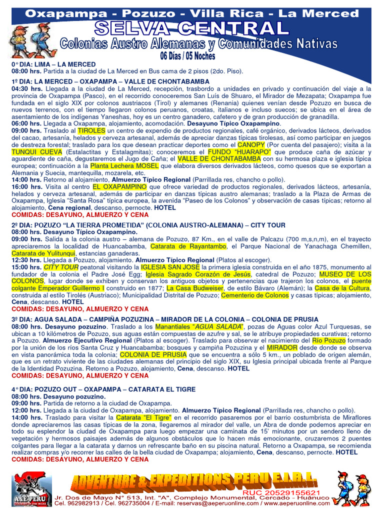 Oxapampa-pozuzo-Villa Rica-La Merced - 06d-05n - 2024 - Bus - Esc | PDF | Almuerzo