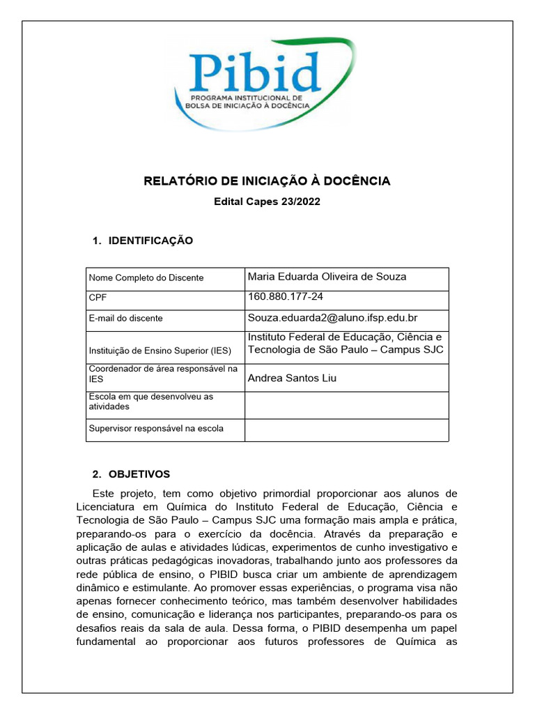 Modelo Relatório PIBID-2023 | PDF | Pedagogia | Escolas