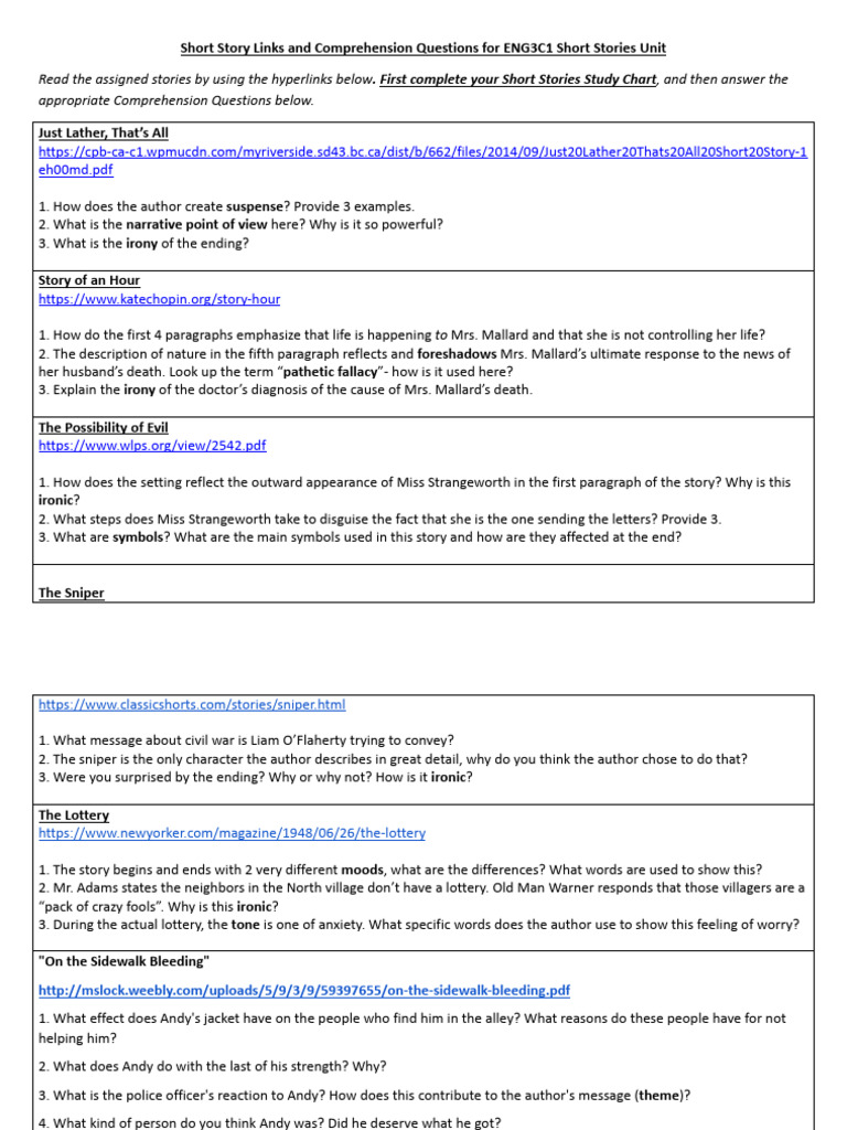 ENG3C1 Short Story Study Guide | PDF | General Fiction