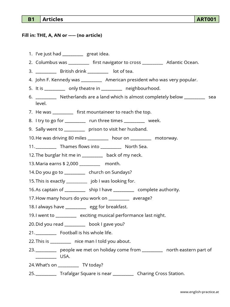 Ejercicios de Artículos Definidos e Indefinidos | PDF