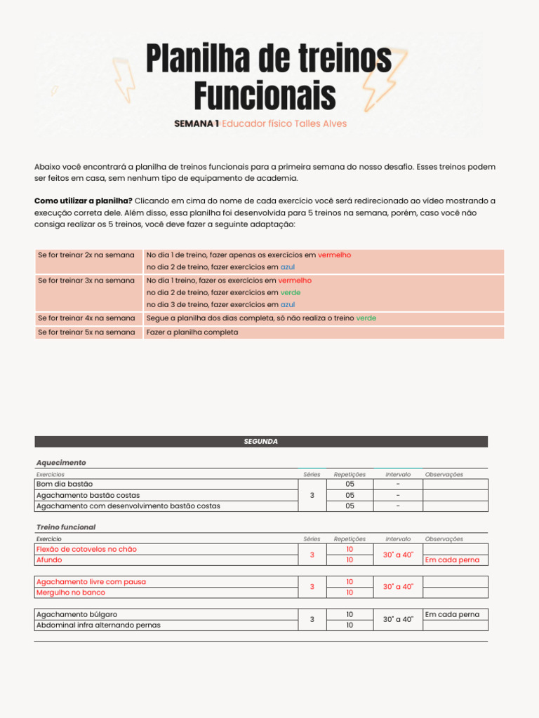Planilha de Treinos Funcionais Semana 1 | PDF