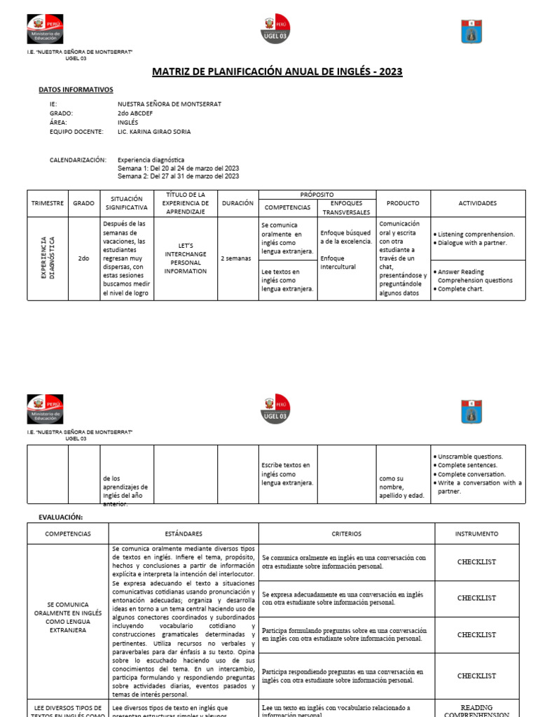 Matriz Evaluación Diagnóstica 2do Inglés | Descargar gratis PDF ...