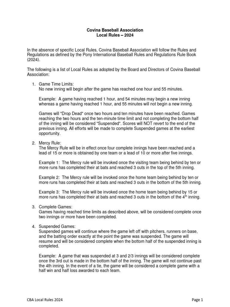 cba local rules - 2024 | PDF | Batting (Baseball) | Pitcher