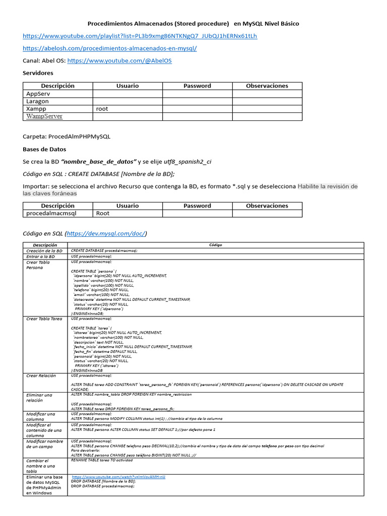 Procedimientos Almacenados en MySQL Nivel Básico | PDF | SQL | Modelo ...