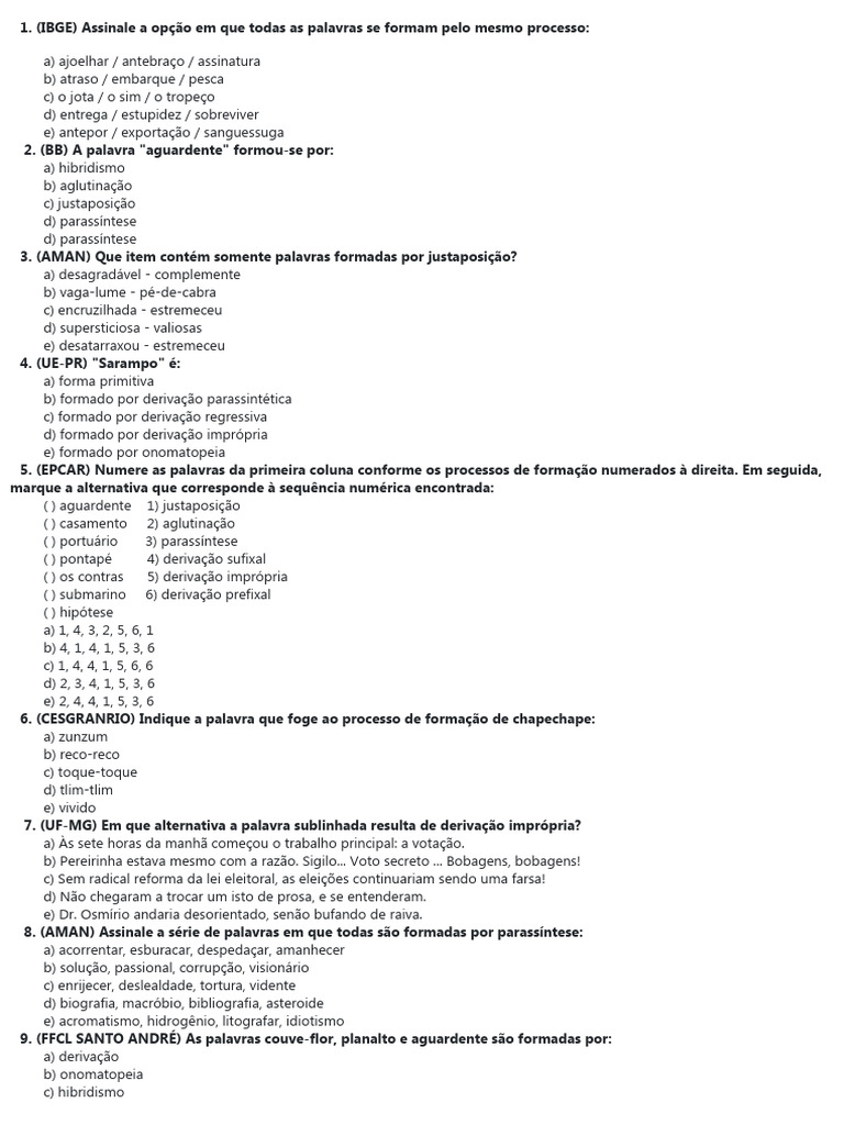 Exercícios de Português | PDF | Semântica lexical | Morfologia linguística