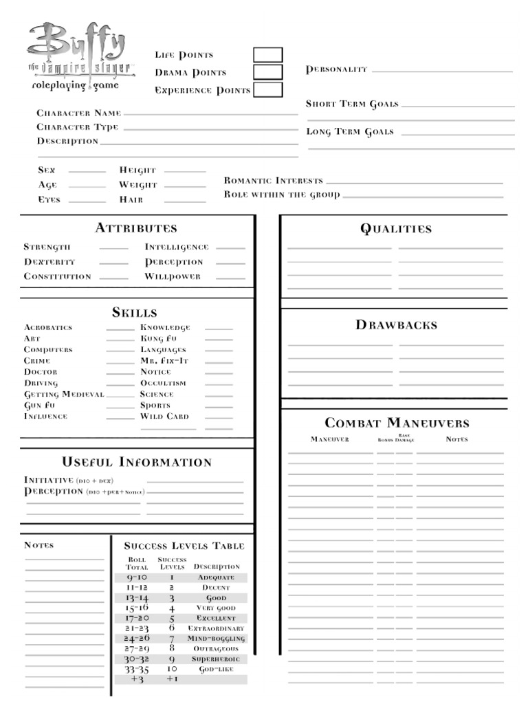 Character Sheet For The Buffy The Vampire Slayer RPG | PDF