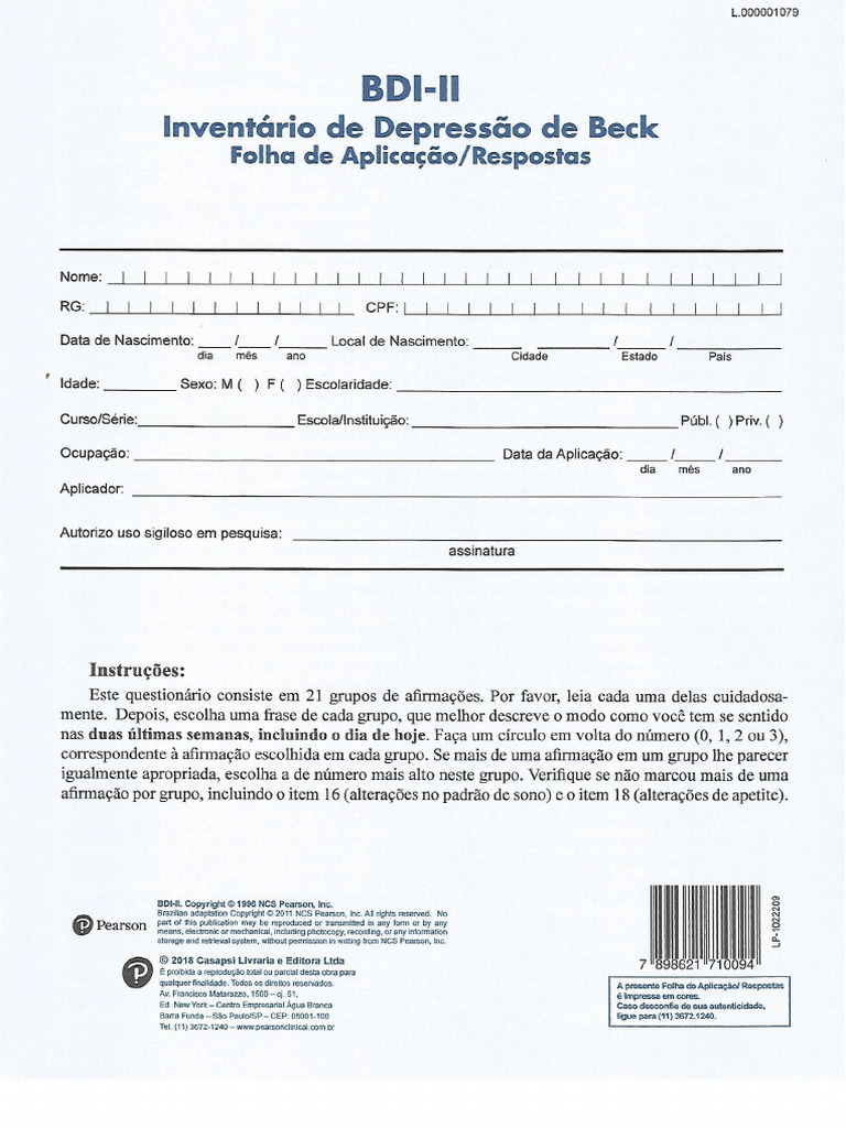 BDI II - Inventário de Depressão de Beck. | PDF