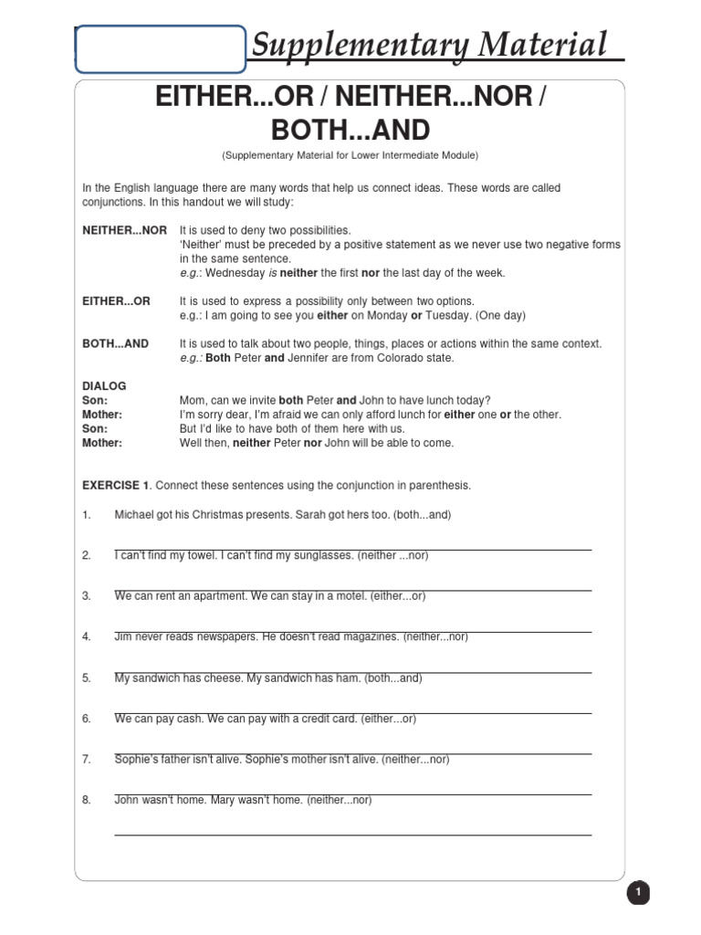 Pre Intermediate - Either-Or, Neither-Nor, Both-And | PDF