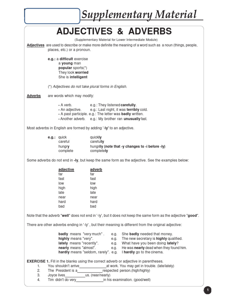 Pre Intermediate - Adjectives and Adverbs | PDF | Adjective | Adverb