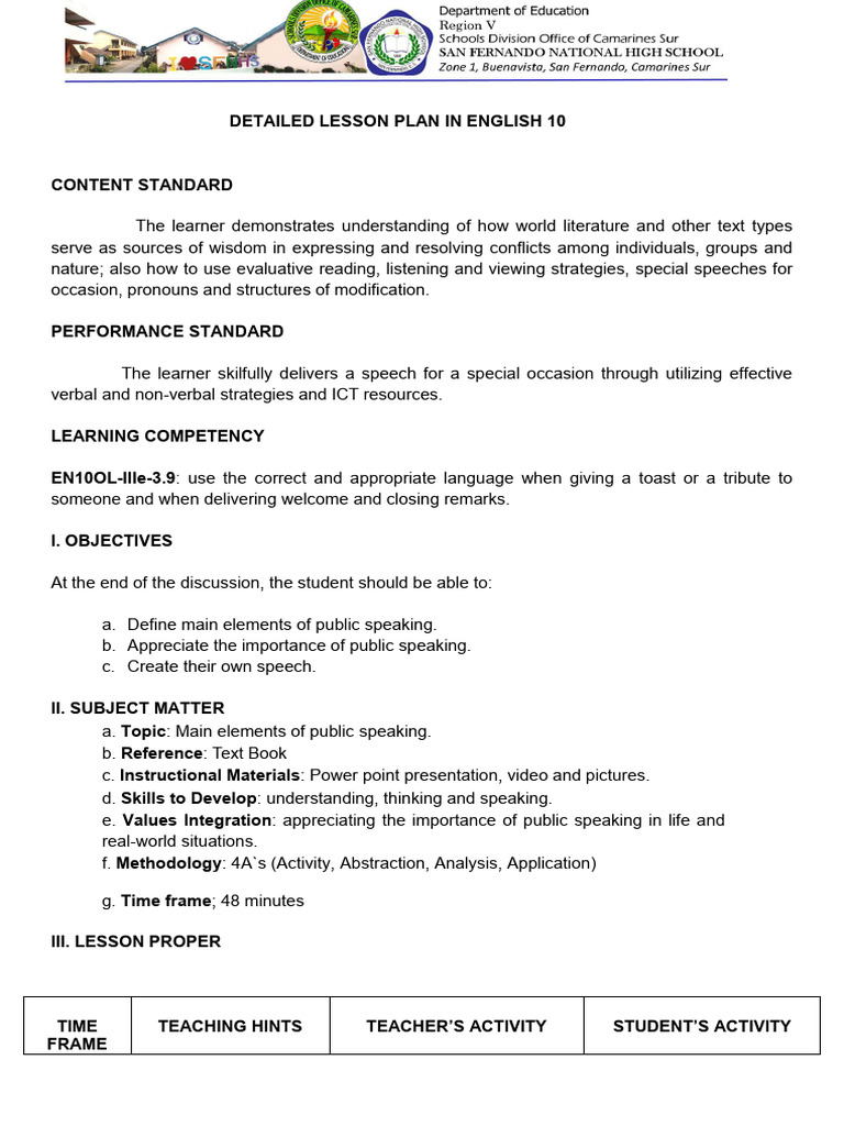 Grade10 (1STDLP) Publicspeaking | PDF | Public Speaking | Lesson Plan