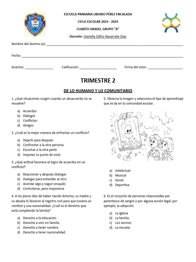 Examen de Lo Humano y Lo Comunitario Trim 2 | PDF | Familia | Escuelas