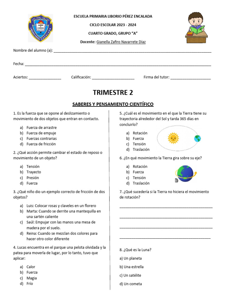 Examen Saberes y Pensamiento Científico Trim 2 | PDF | Luna | Fuerza