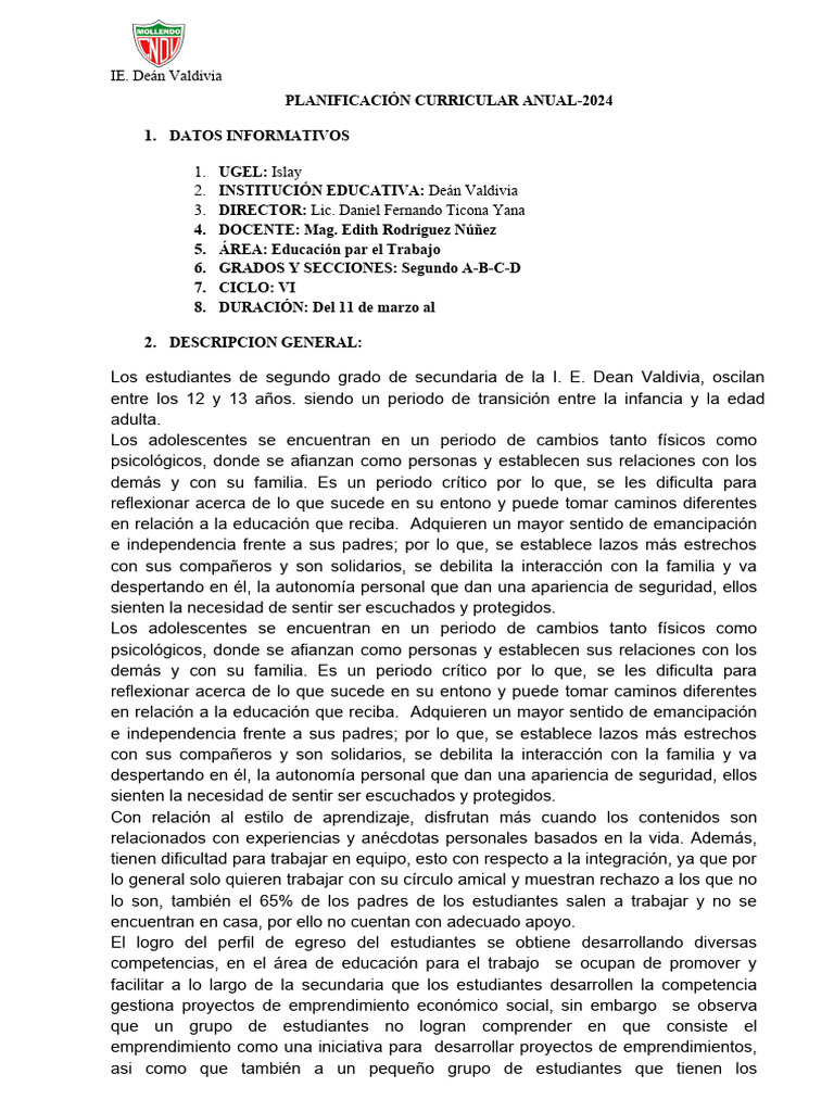 Planificación Anual | PDF | Aprendizaje | Iniciativa empresarial