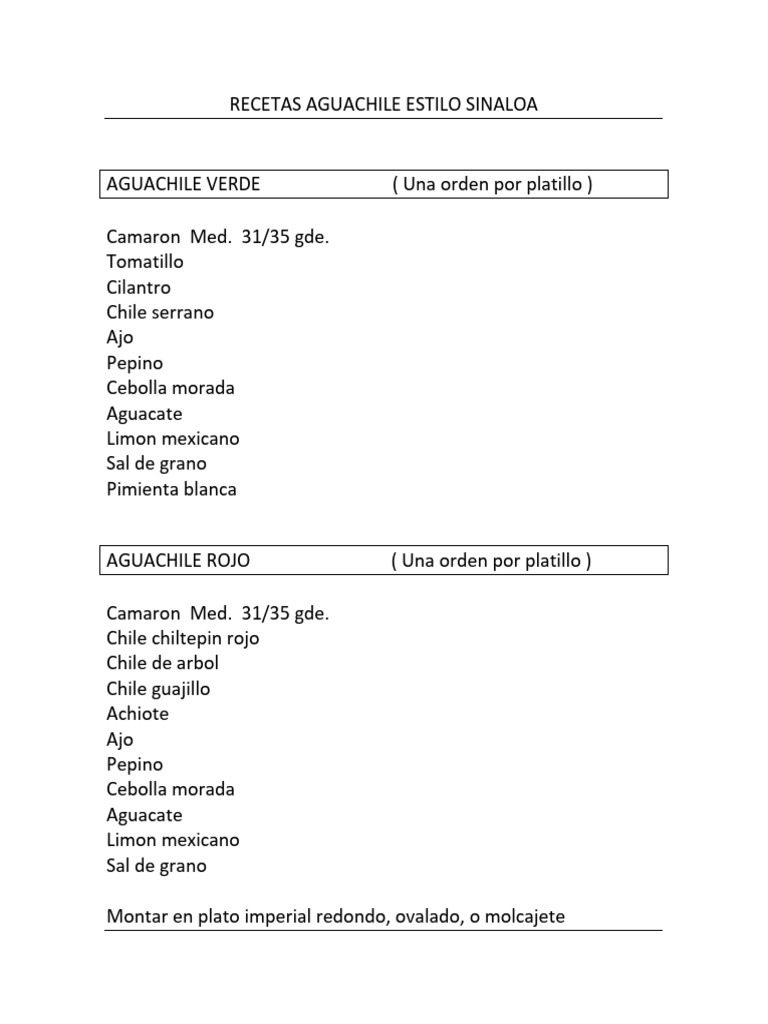 Recetas Aguachile Estilo Sinaloa | PDF