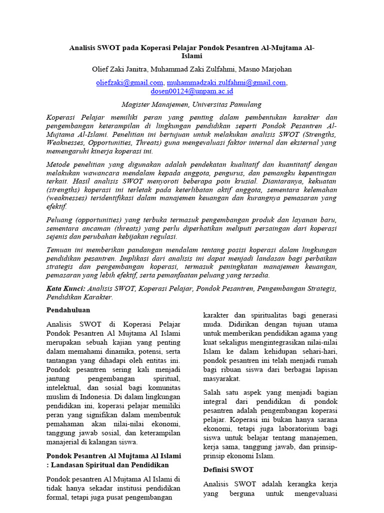 Analisis SWOT Di Koperasi Pelajar Pondok Pesantren Al Mujtama Al Islami ...