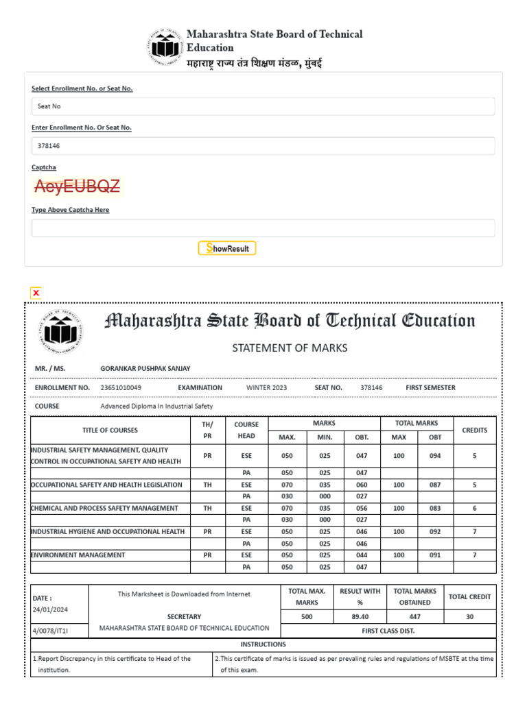 MSBTE Advanced Diploma Marksheet 2023 | PDF | Occupational Safety And ...