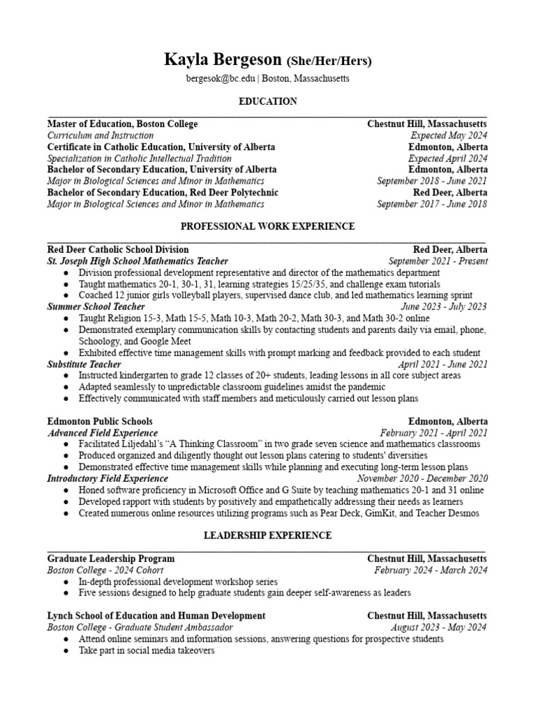 CV - Kayla Bergeson 9 | Download Free PDF | Teachers | Schools
