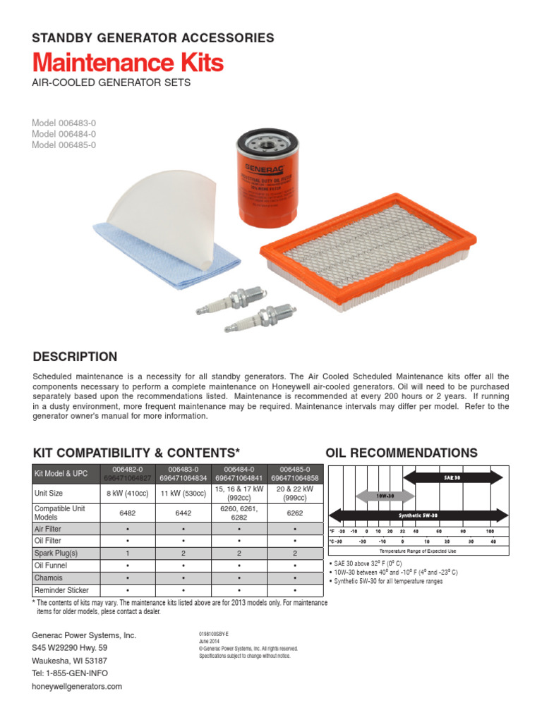 Honeywell Generator Maintenance Kits | PDF | Motor Oil | Mechanical ...
