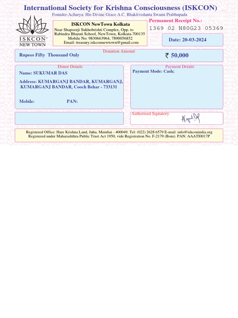 ISKCON NewTown Kolkata Donation Receipt | PDF