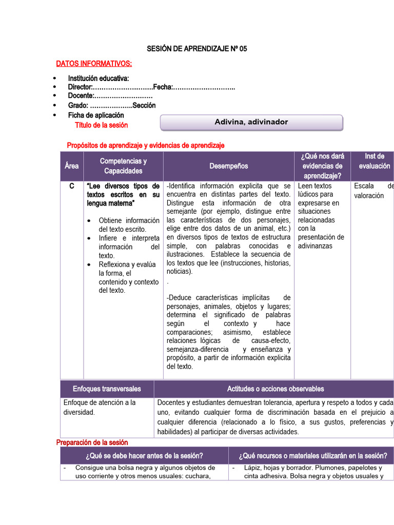 SESIÓN Adivina Adivinador | PDF | Aprendizaje | Enseñando